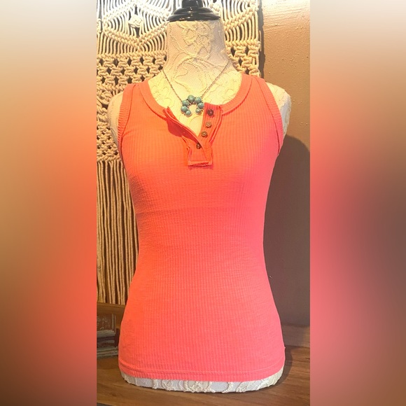 Zenana Outfitters | Tops | Nwt Ribbed Henley Tank In Neon Coral | Poshmark